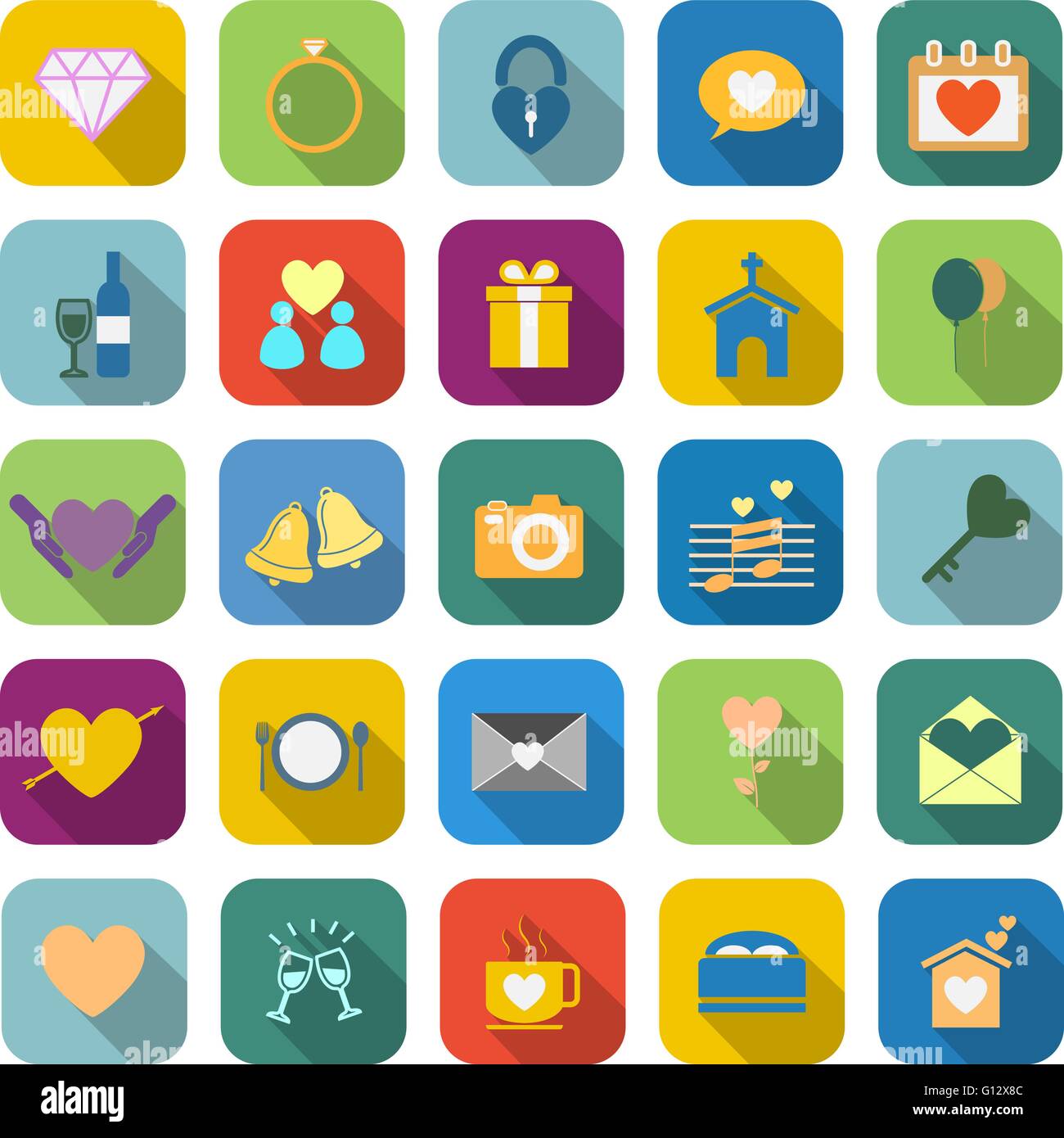 Wedding color icons with long shadow on white background Stock Vector ...