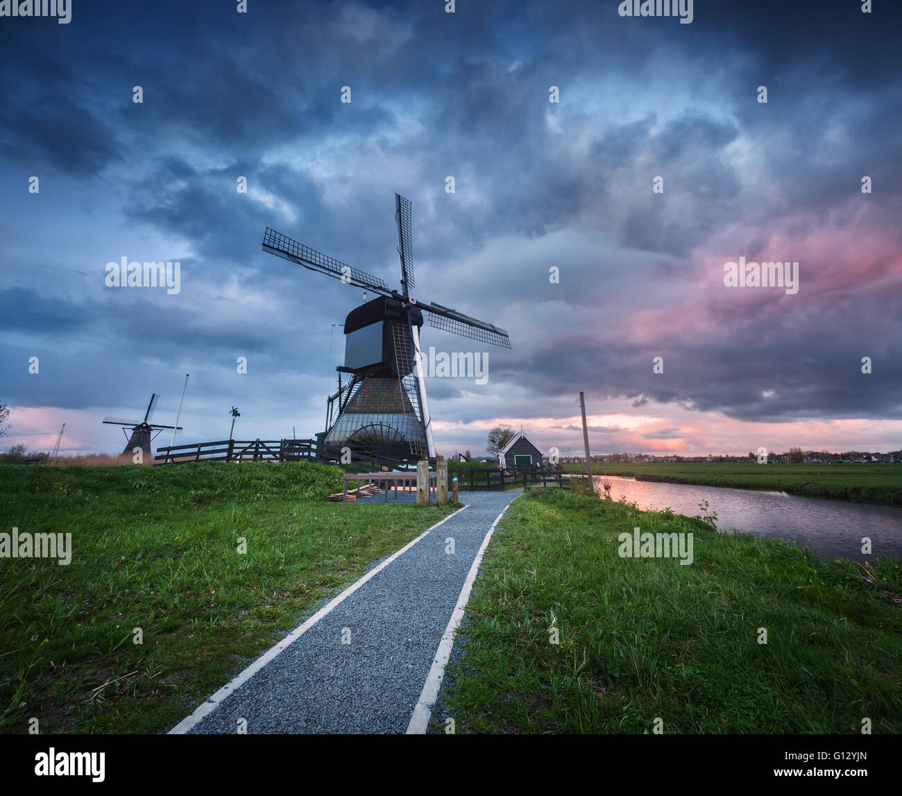 Beautiful landscape with traditional dutch windmills near the famous ...