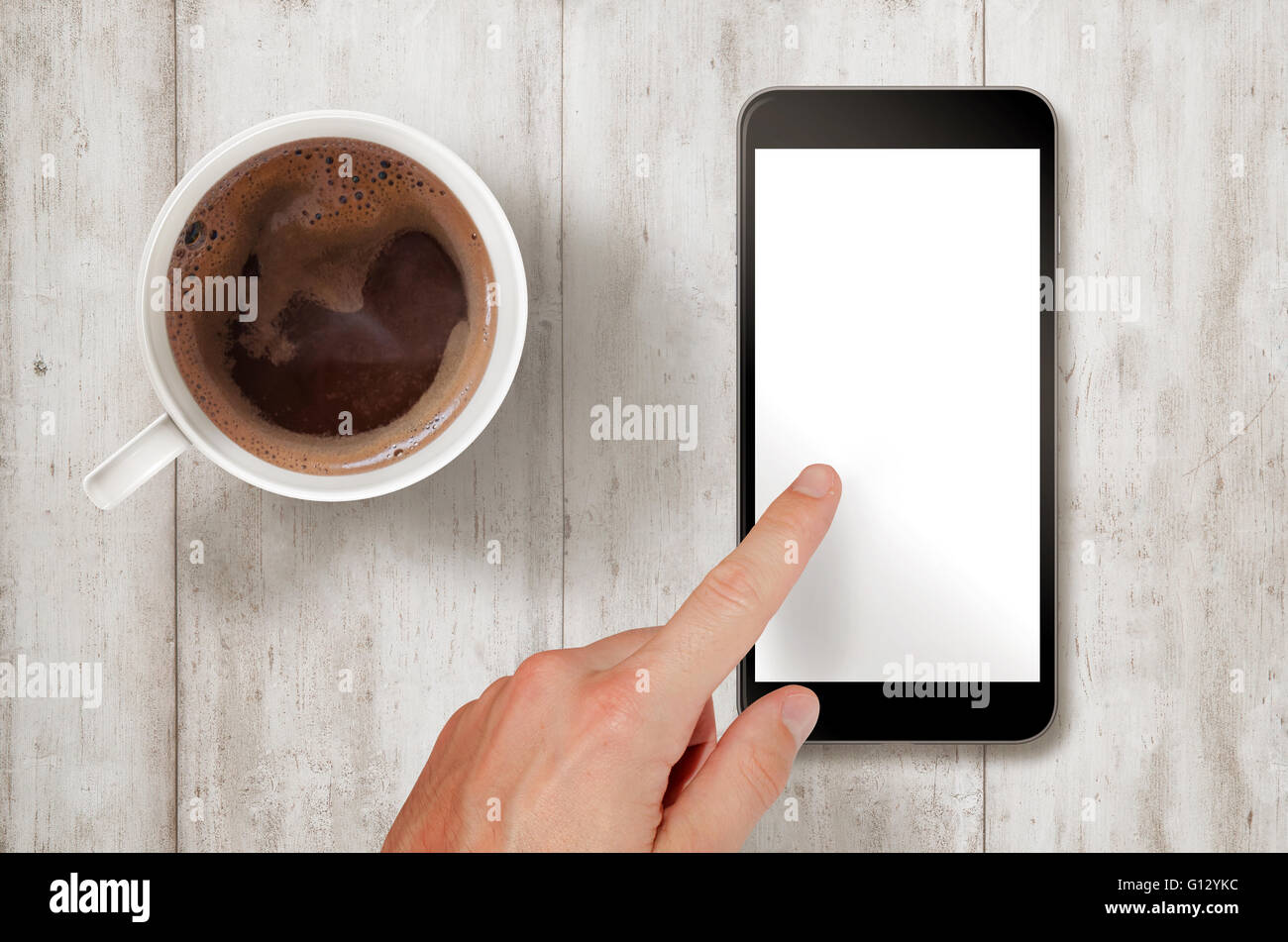 Man touch smart phone with isolated white screen for mockup. Top view ...