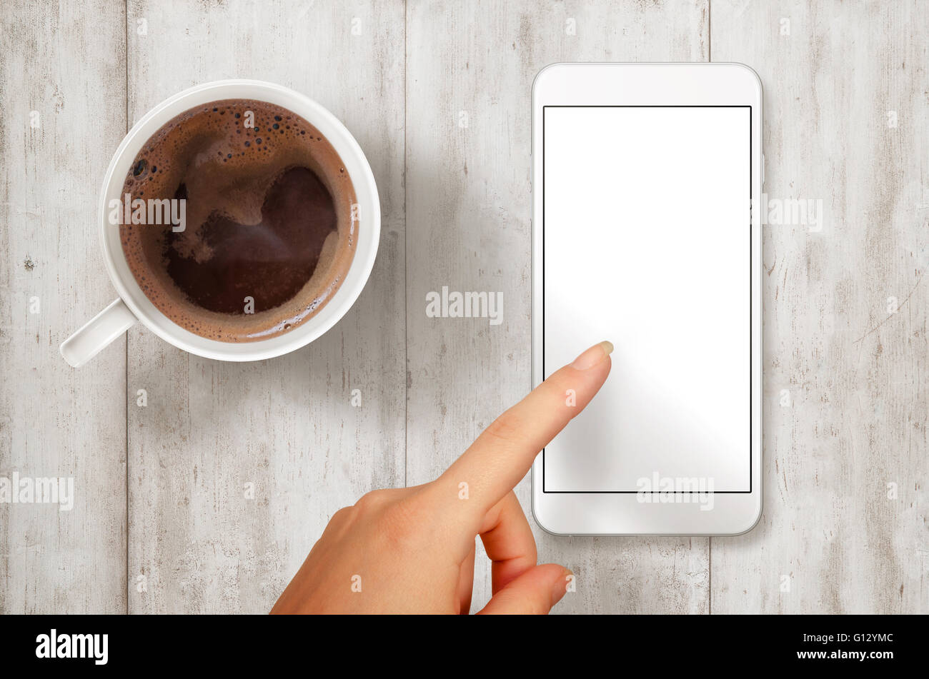 Woman touch smart phone with isolated white screen for mockup. Top view ...