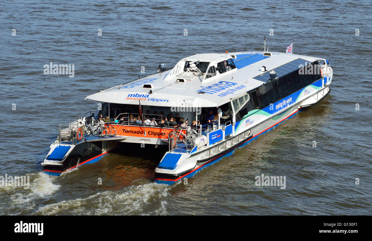 Tornado Clipper, one of the MBNA Thames Clippers fleet heading down the river Thames just after ...