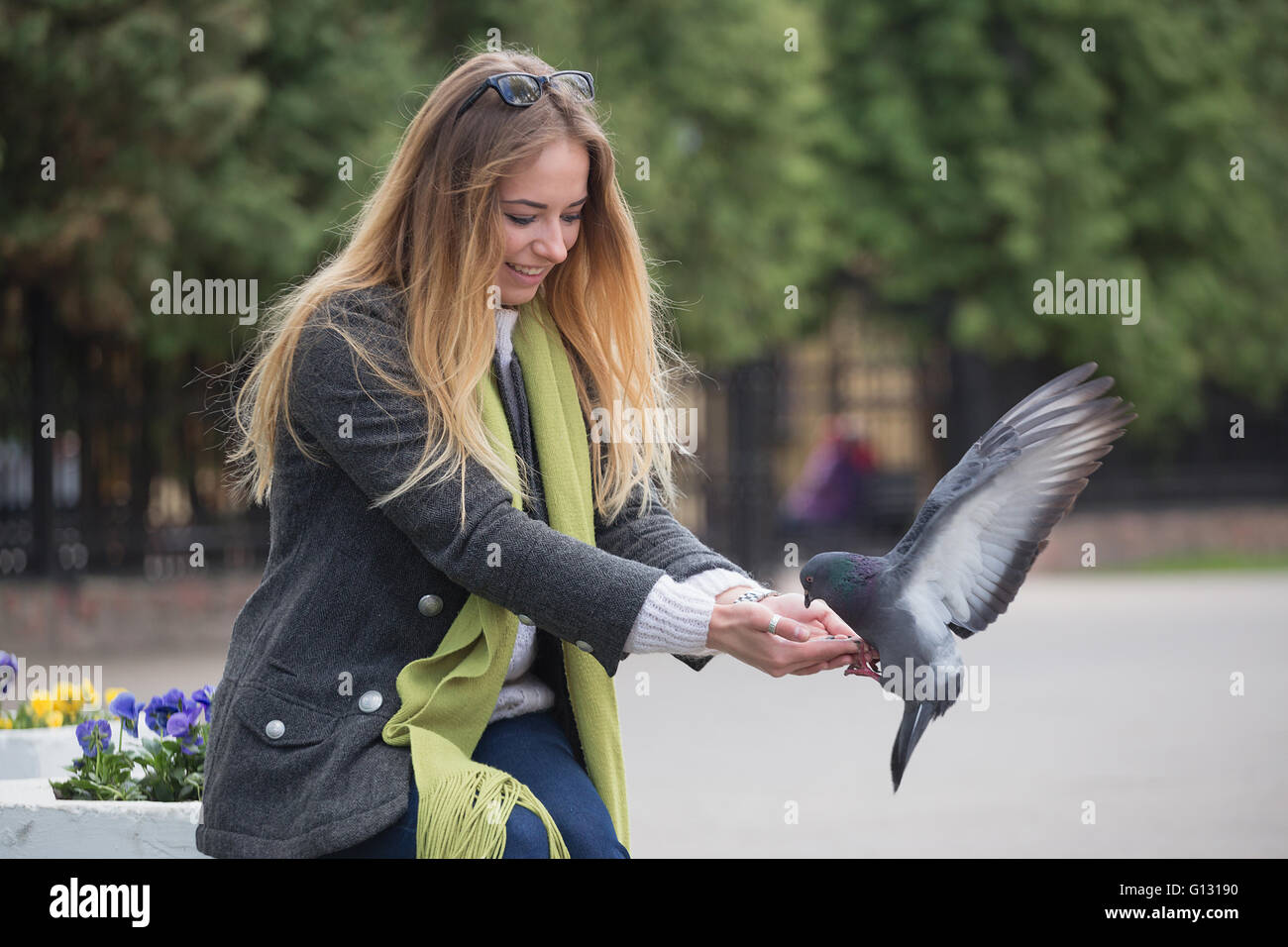 photo of Girl and doves. feeding pigeons in the park Stock Photo - Alamy