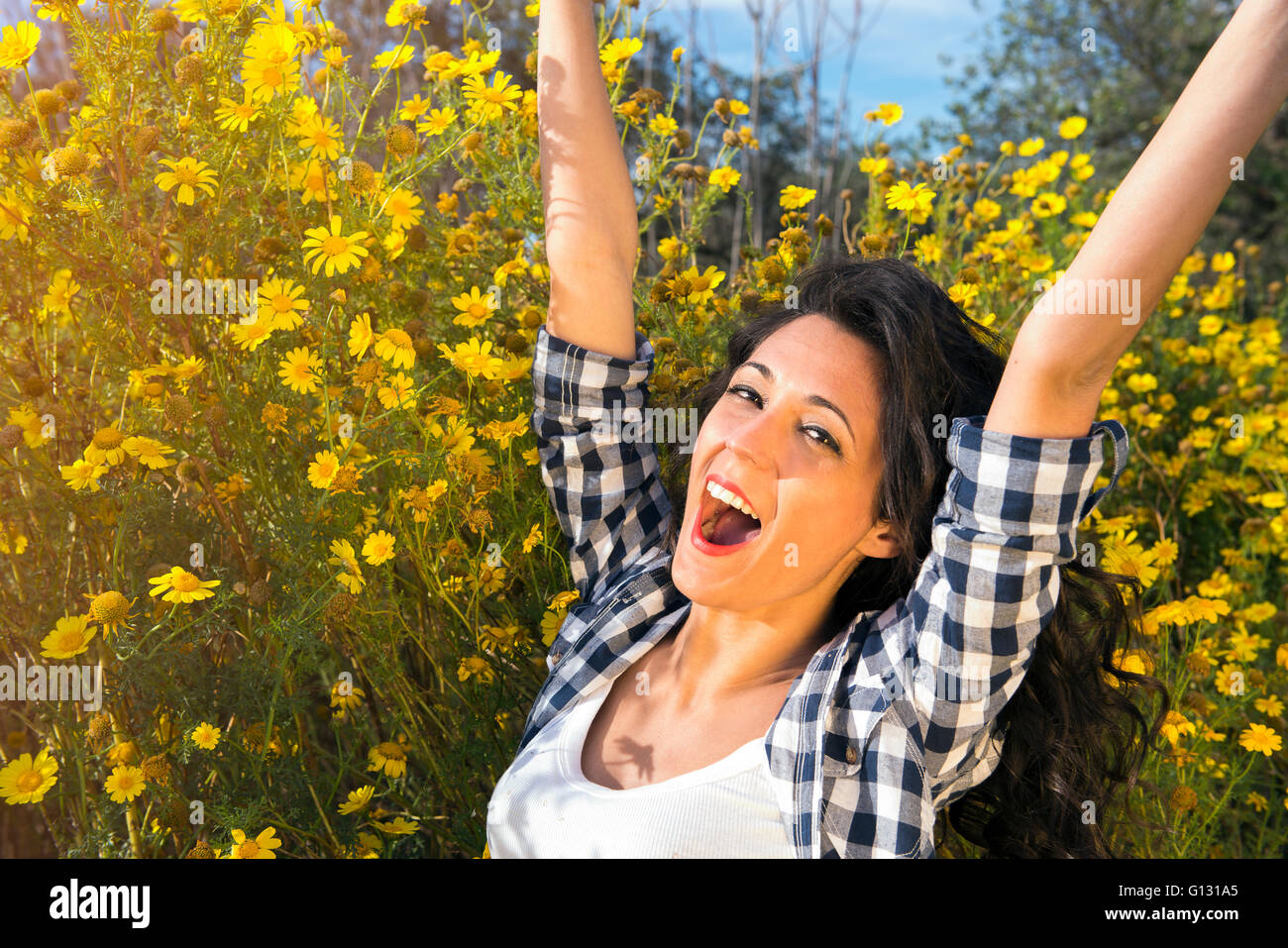 natural girl outdoors enjoying nature teenage model girl in a field ...