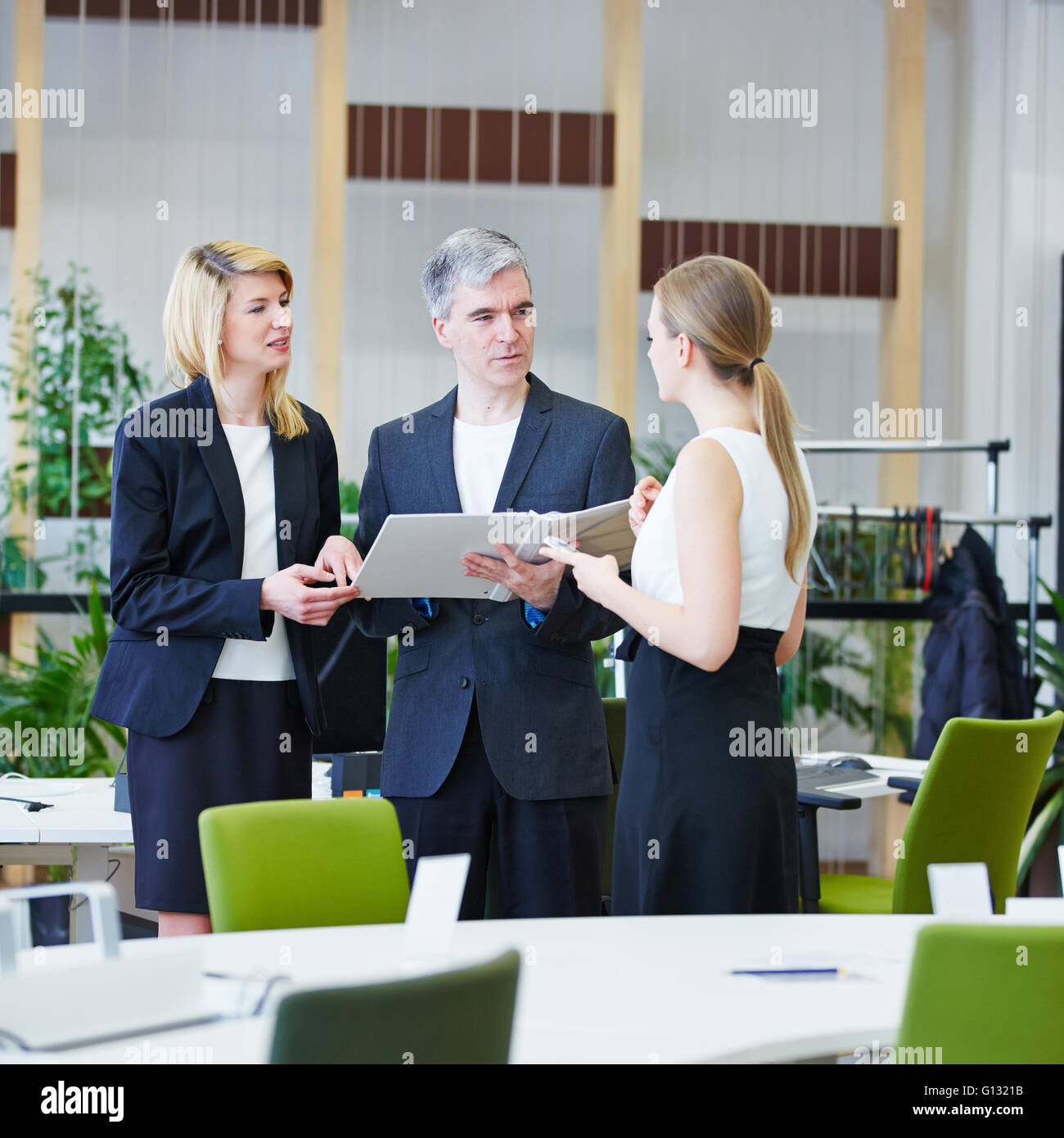 Group of business people in office talking to each other with files ...
