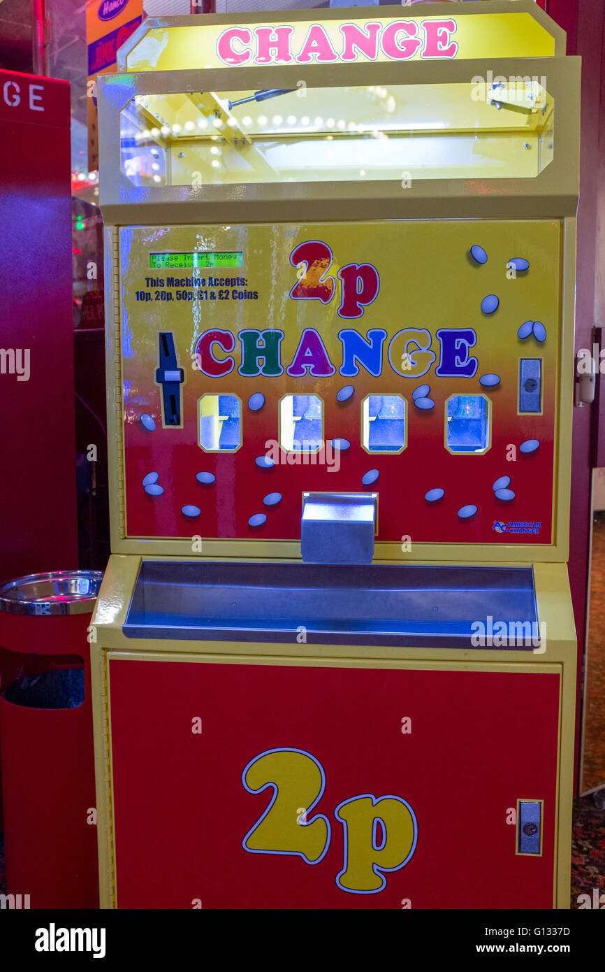 2p change machine at an Amusement arcade on Morecambe seafront, UK ...