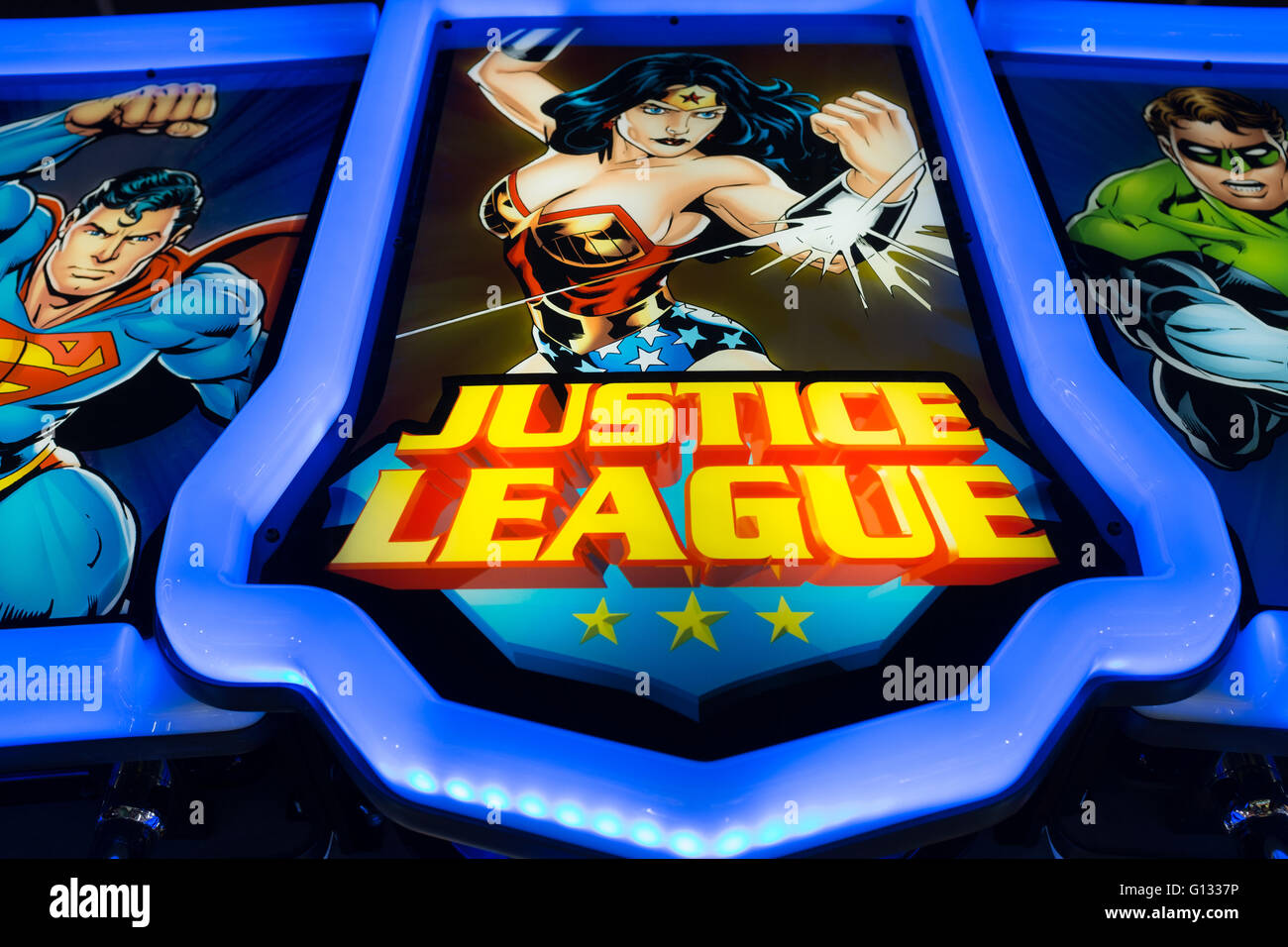 Justice League arcade game at an Amusement arcade on Morecambe seafront ...