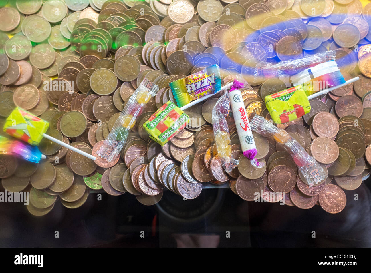 2p arcade game at an Amusement arcade on Morecambe seafront, UK Stock ...