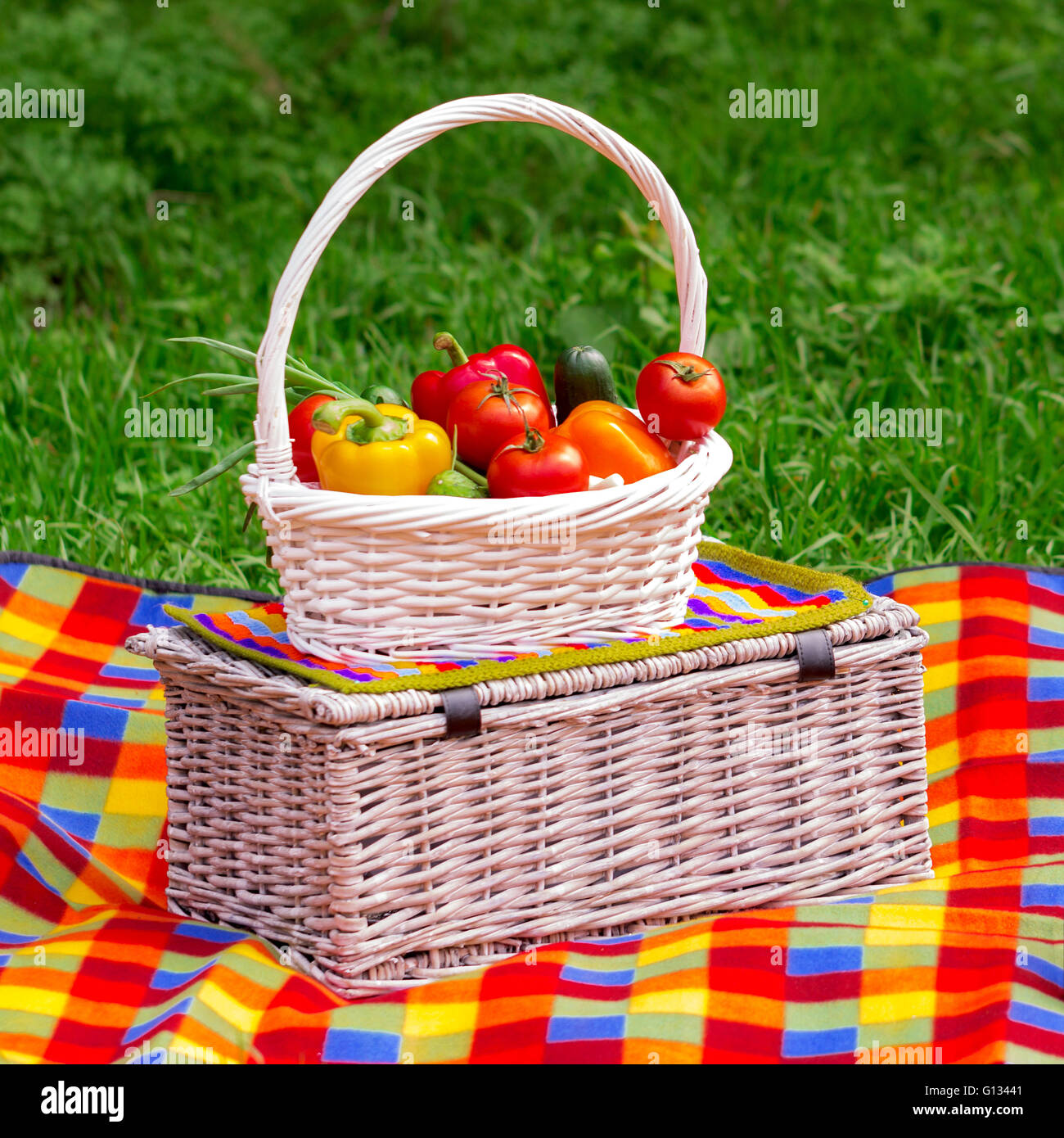 Picnic on the grass. Picnic basket with vegetables Stock Photo - Alamy