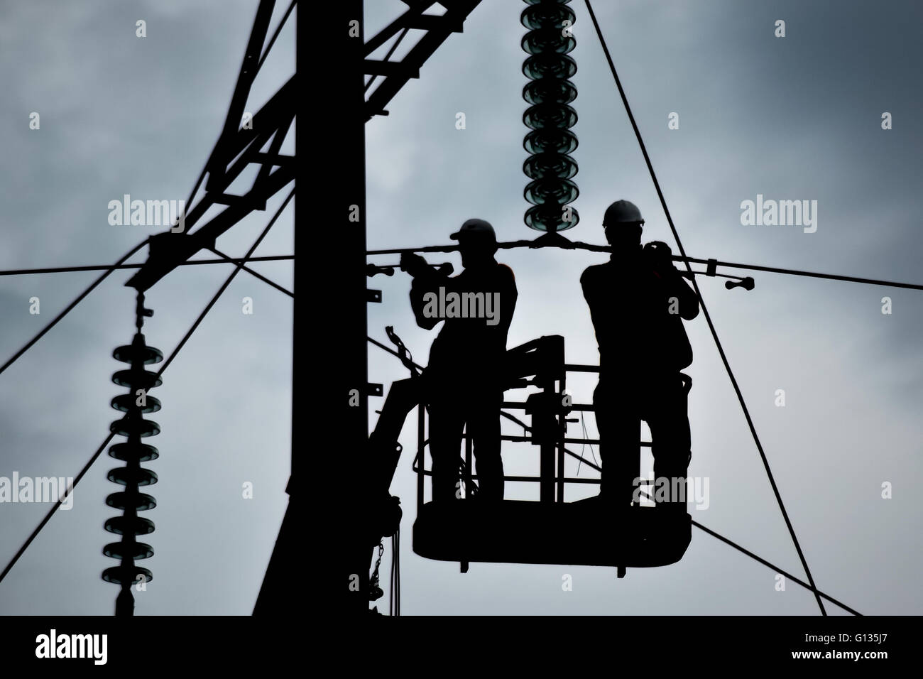 Power line support, insulators and wires. Appearance of a design ...