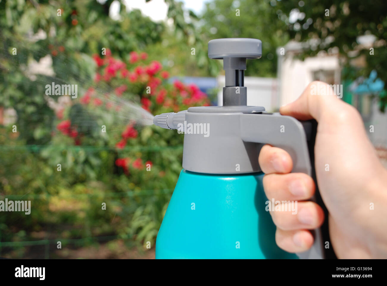 Male hand holding spray bottle against the background of Sade Stock ...