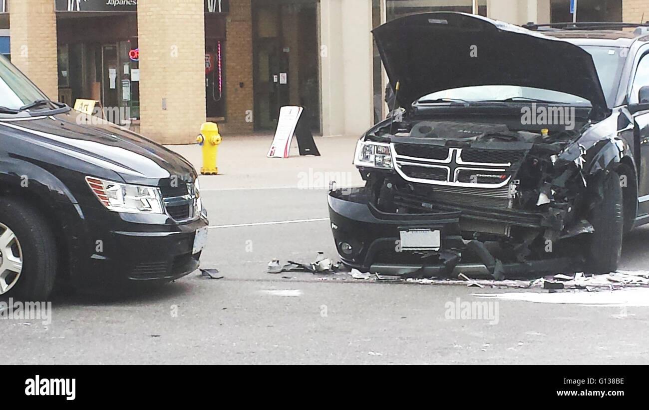 London Ontario, Canada - May 03, 2016: two destroyed vehicle accident ...