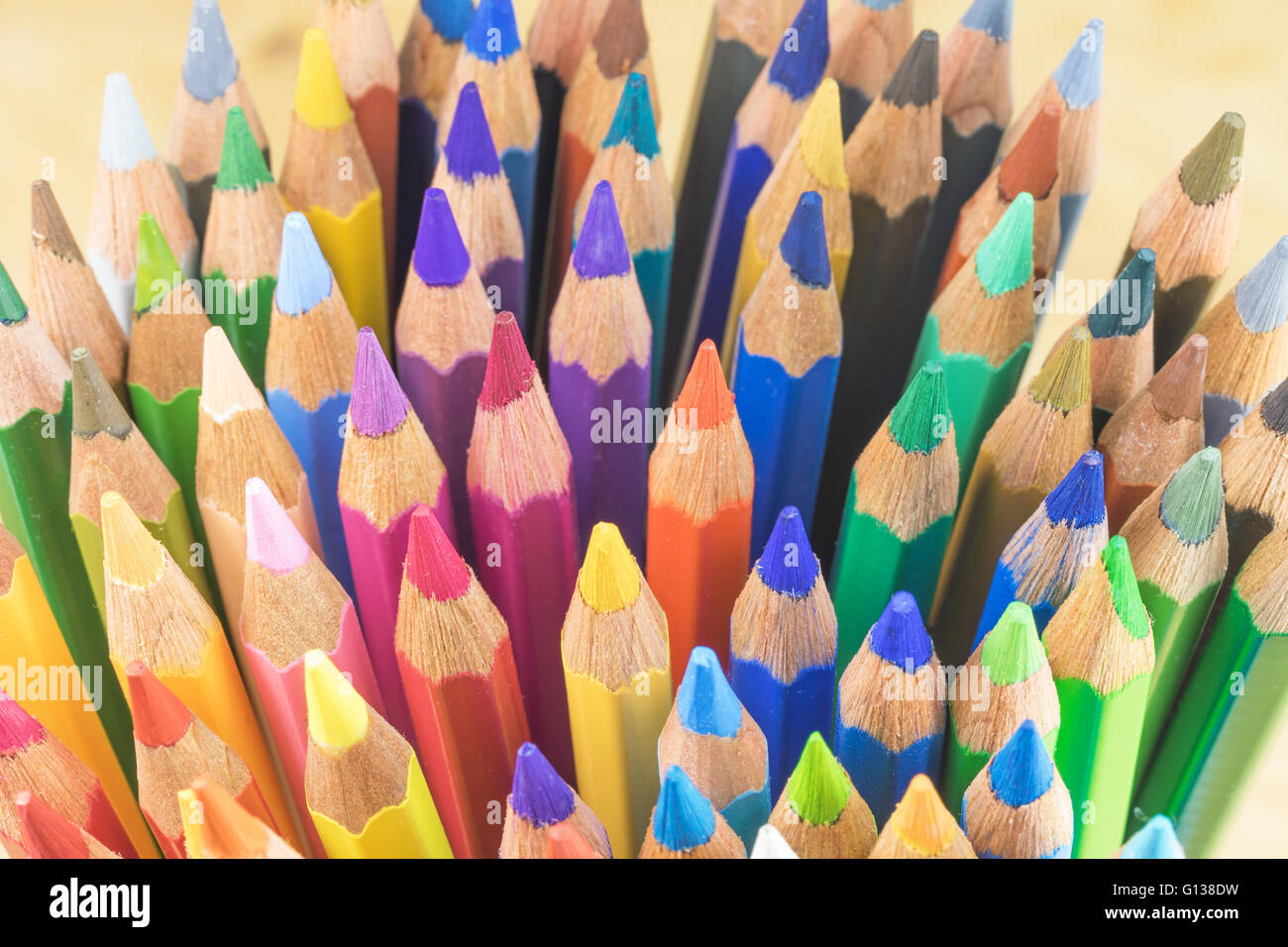 The large number of disordered multicolored crayons. Photographed from ...