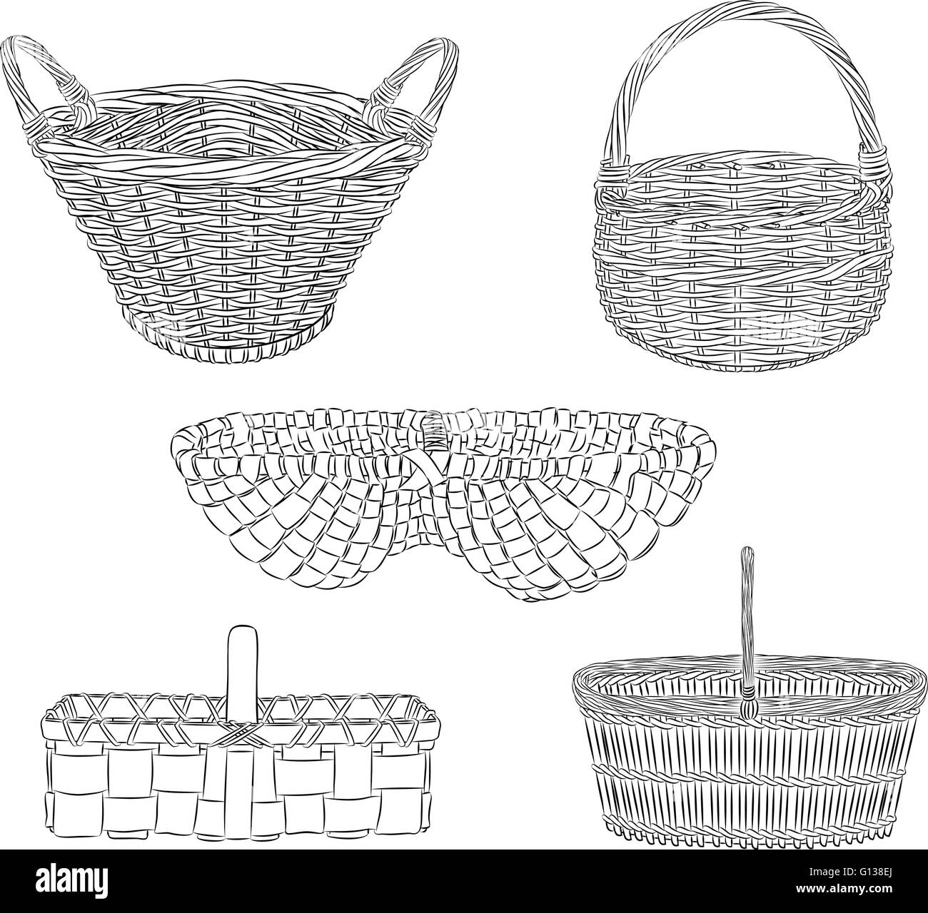 Vector set of traditional baskets in line art mode on white background ...