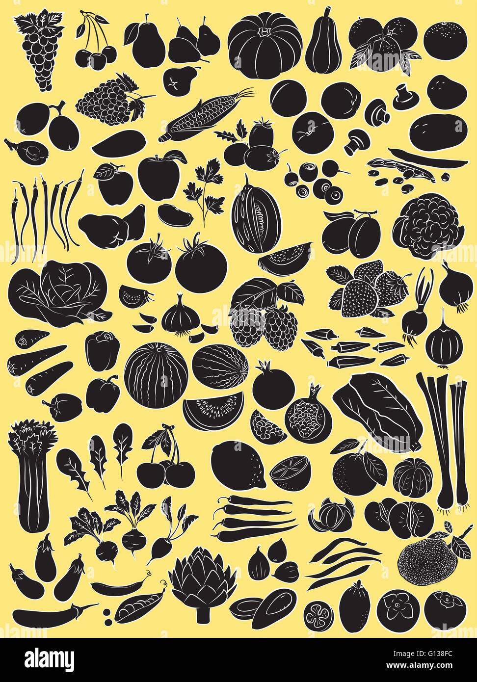 Vector illustration of fruits and vegetables in silhouette mode on ...