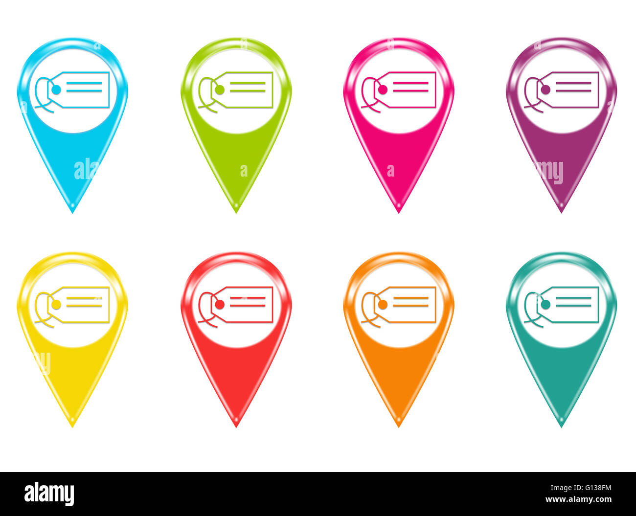 Set of icons or colored markers with label symbol in blue, green, pink ...