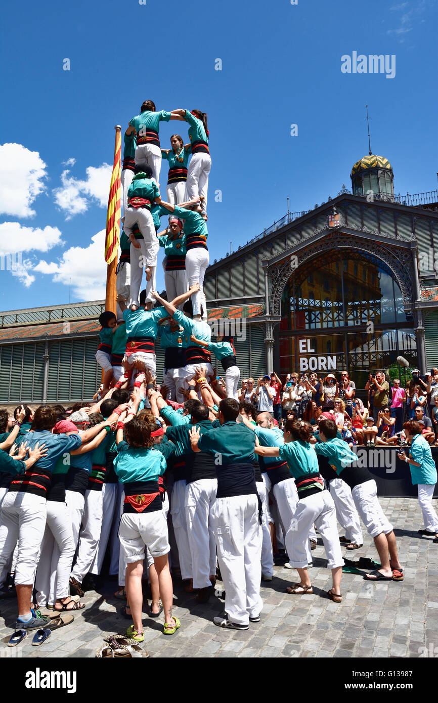 Castellers, outside The Born, is human tower built traditionally in ...