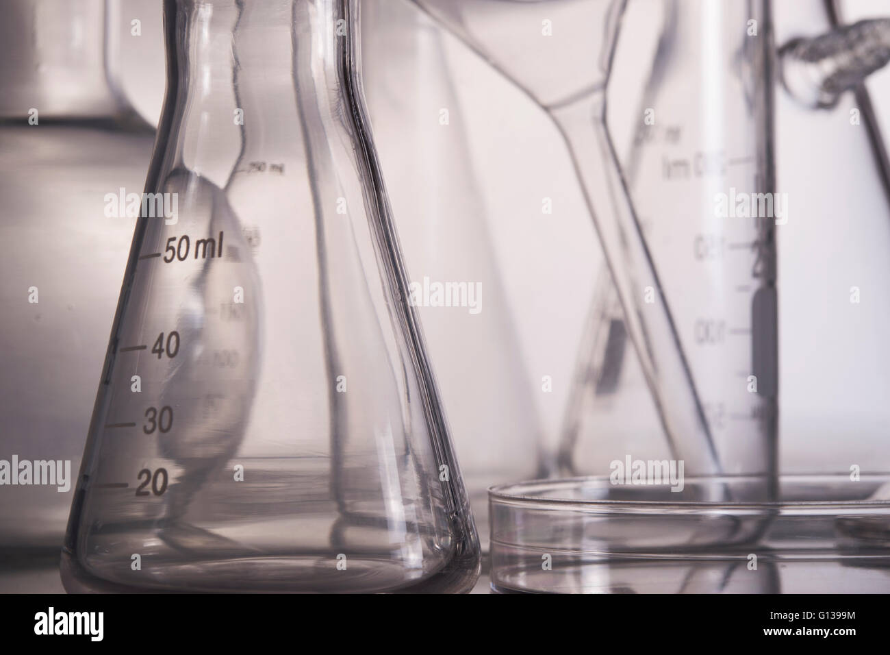 Erlenmeyer flask, boiling flask, funnel, with graduated cylinder Stock ...