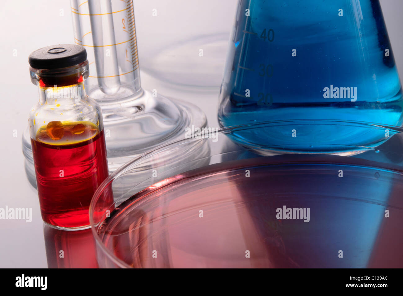 chemistry lab with flasks, vial, graduated cylinder and petri dish ...