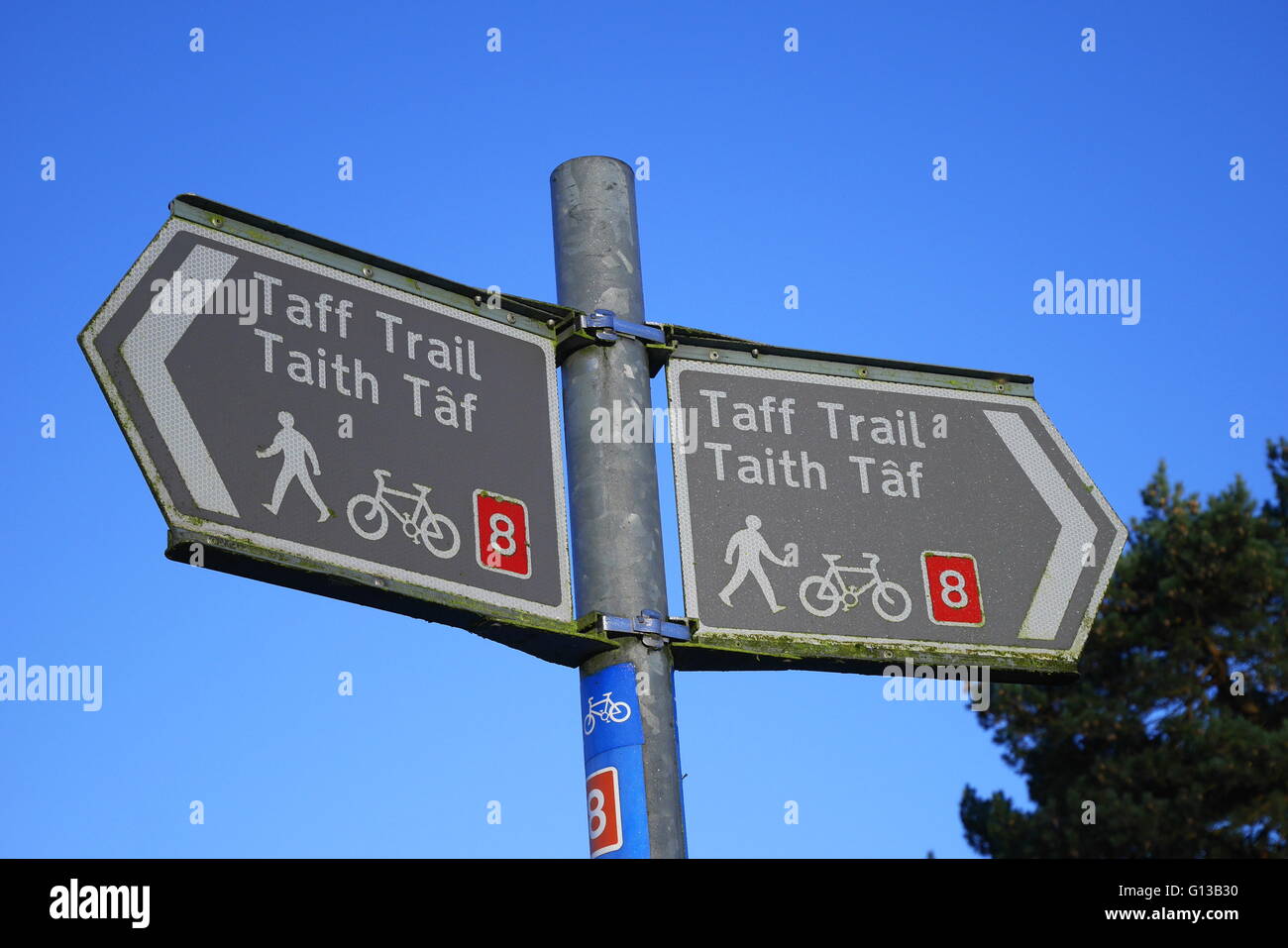Sign in English and Welsh indicating the Taff Trail, Cardiff, Wales, UK ...