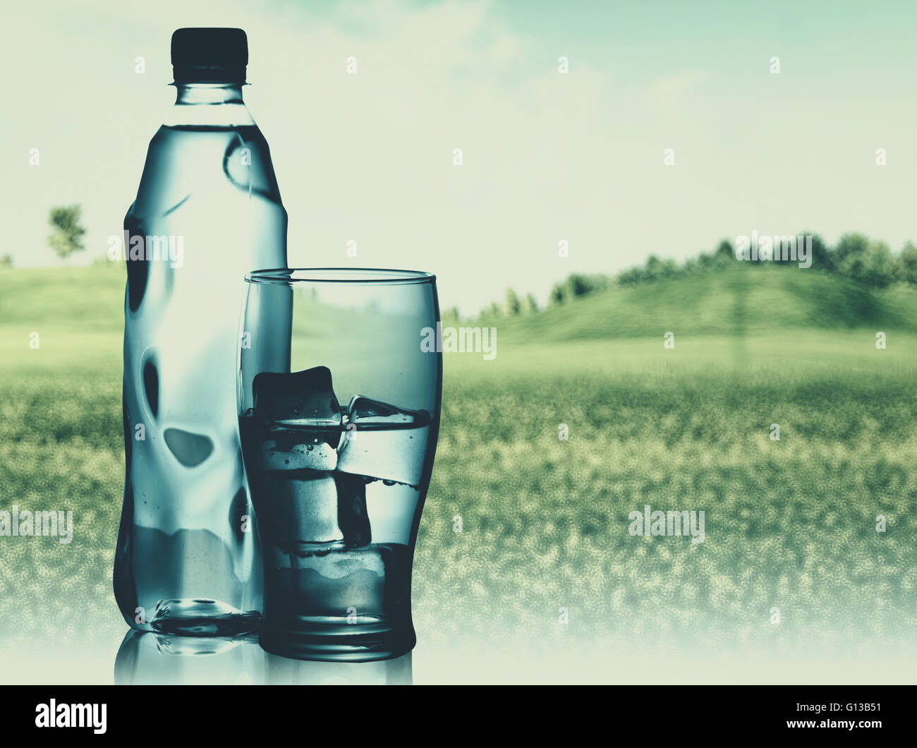 Bottled spring mineral water against abstract natural backgrounds Stock ...