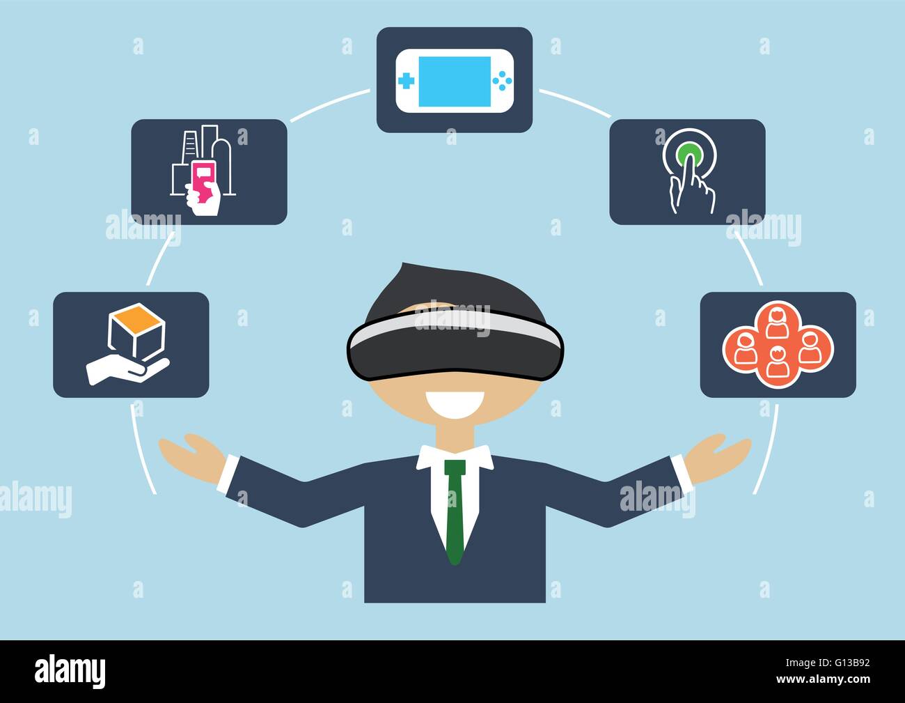 Virtual reality concept as vector illustration of business man using VR ...