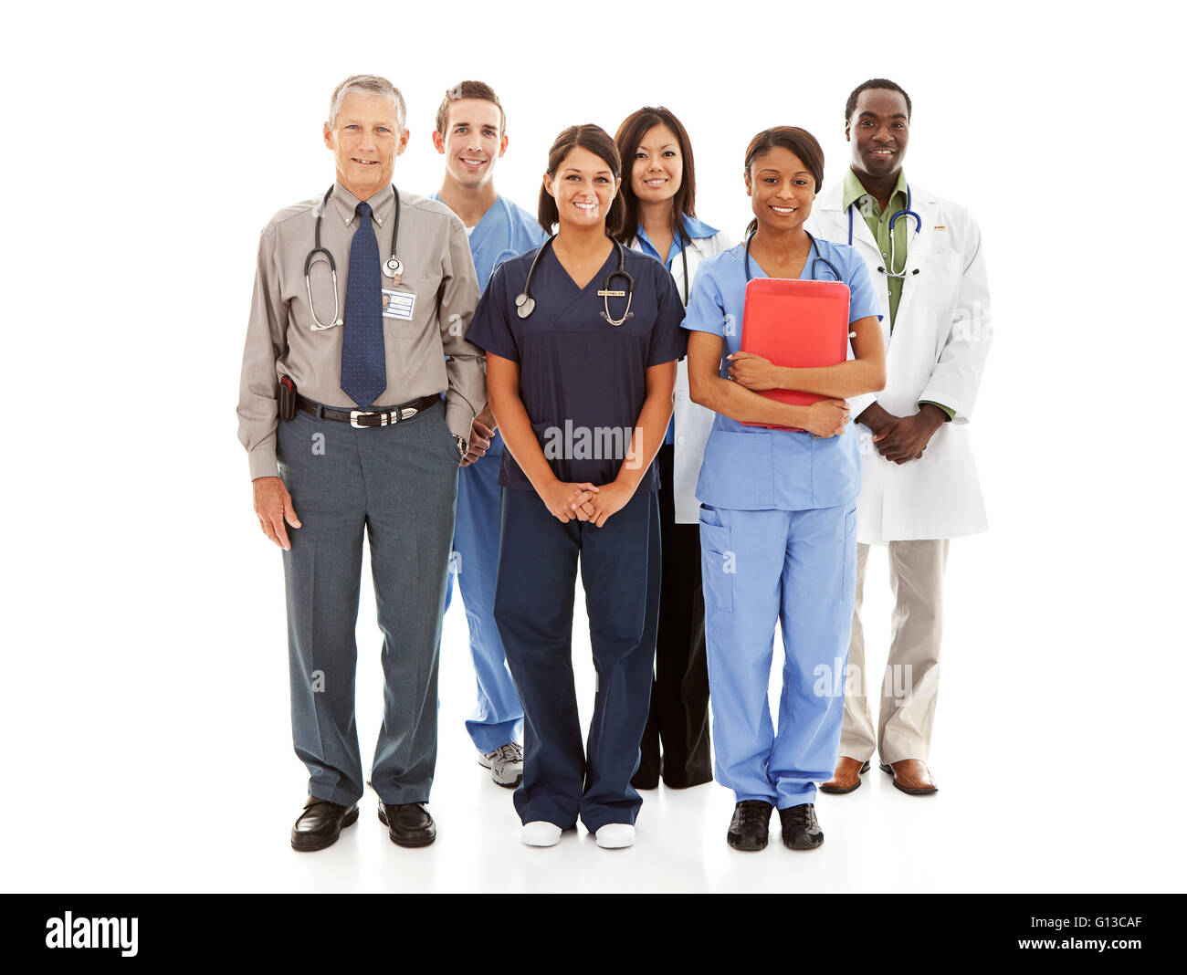 Multi-ethnic group of doctors, physicians, and nurses, both male and ...