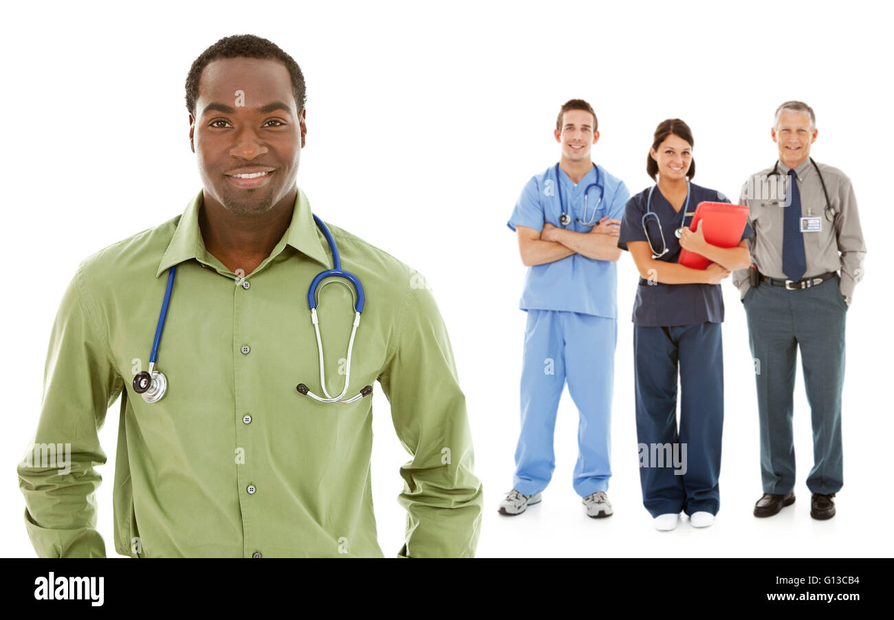 Multi-ethnic group of doctors, physicians, and nurses, both male and ...
