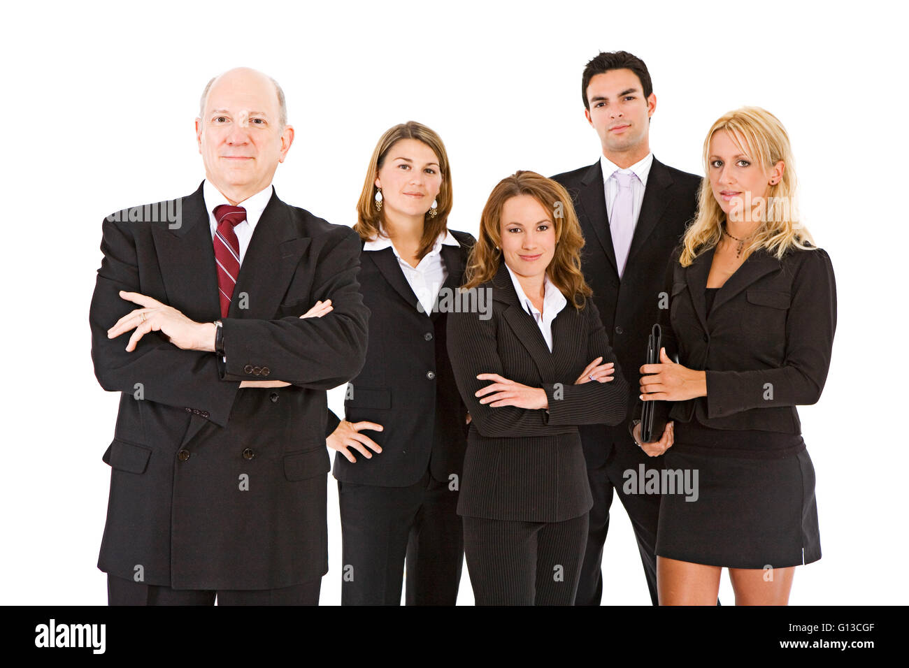 Group of businessmen and businesswomen in various poses with props ...