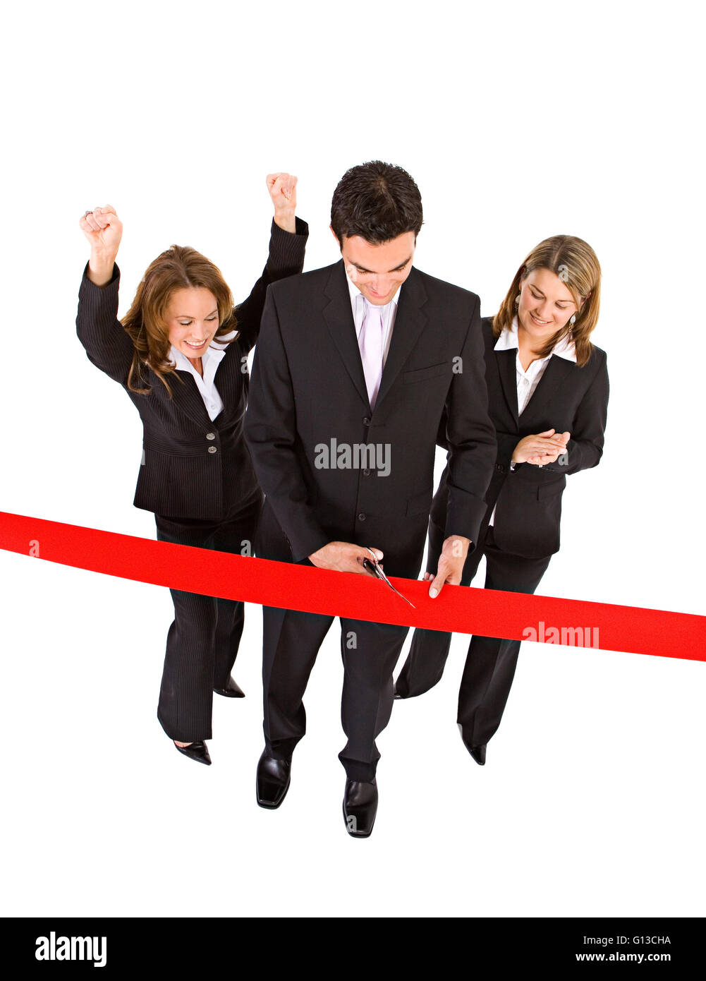 Group of businessmen and businesswomen in various poses with props ...