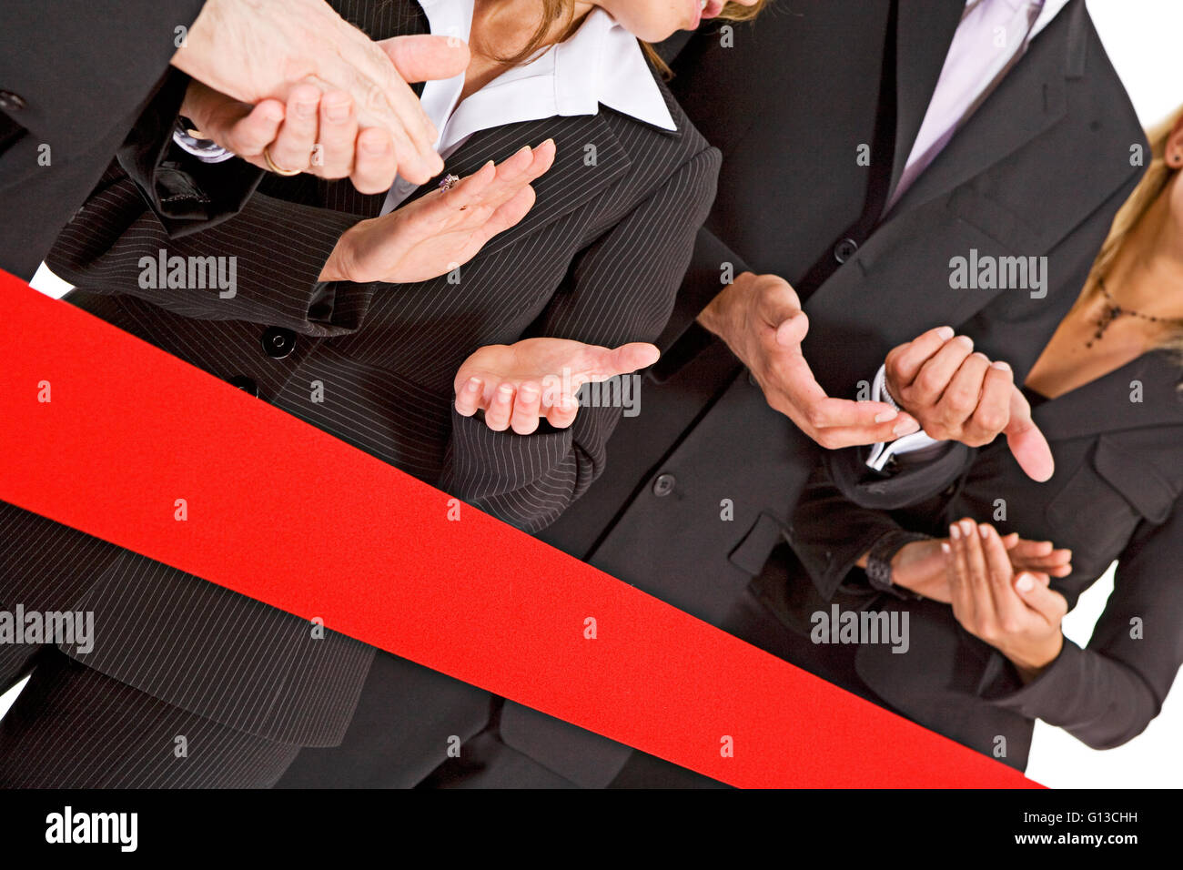 Group of businessmen and businesswomen in various poses with props ...