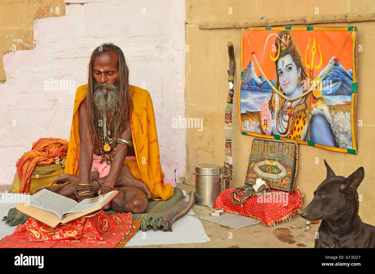 A Sadhu or Hindu saint reading the holy Gita with an image of Lord ...