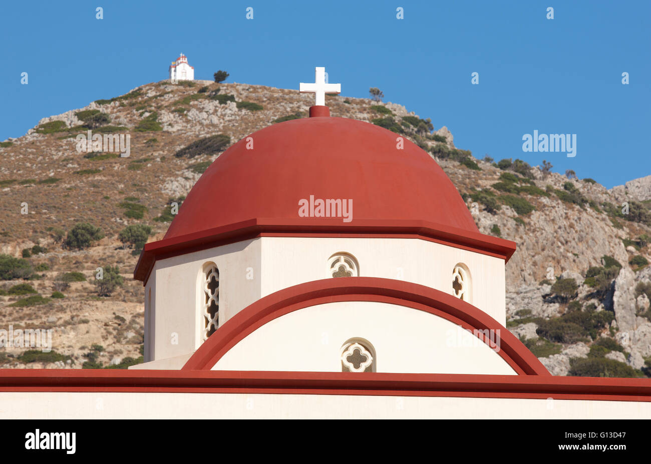 Greek church red dome in Crete. Greece. Horizontal Stock Photo - Alamy