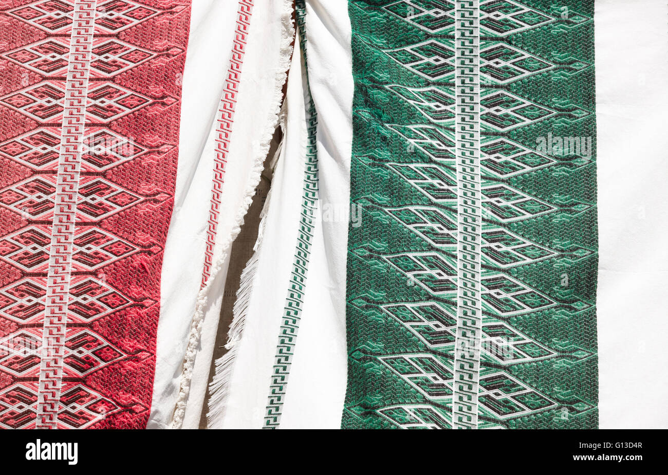 Traditional greek table linen in Crete. Greece. Horizontal Stock Photo ...