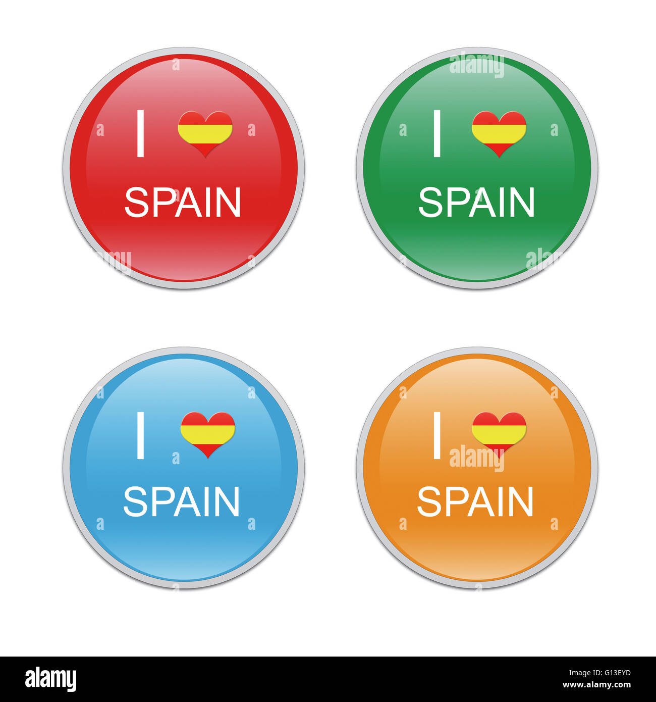 Icons to symbolize I Love Spain in red, green, blue and orange colors ...