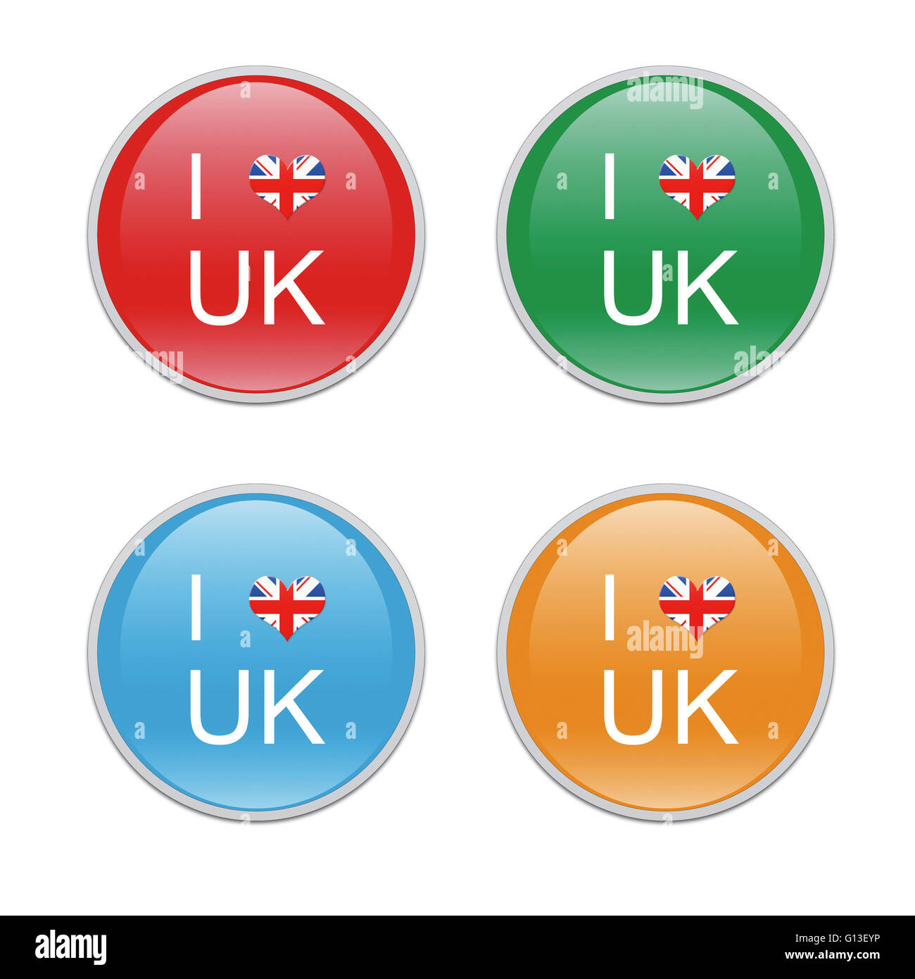 Icons to symbolize I Love UK in red, green, blue and orange colors ...