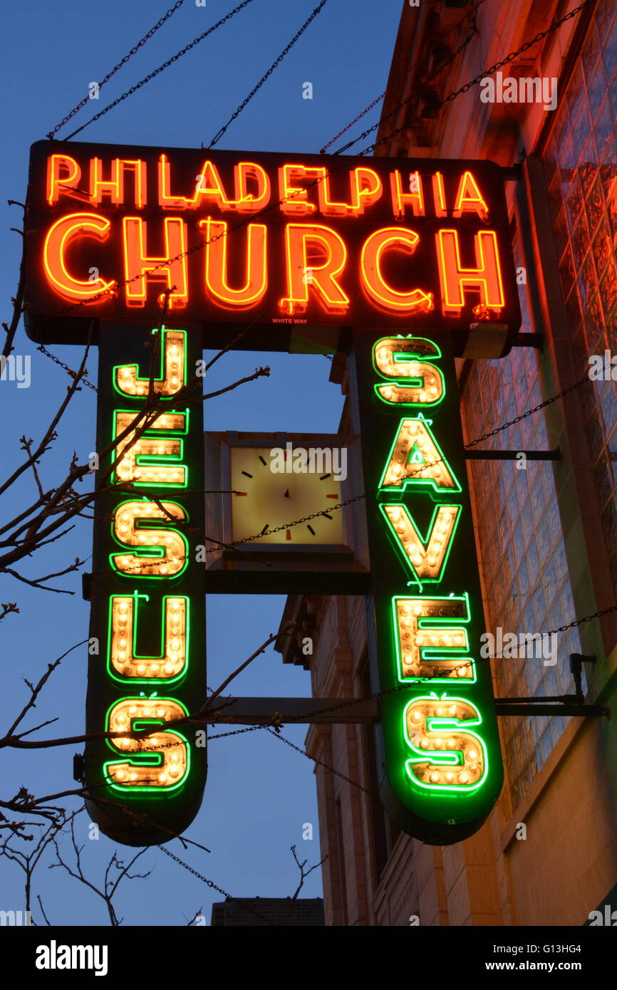 The 1940 neon sign to the Philadelphia Church on Chicago's north side ...