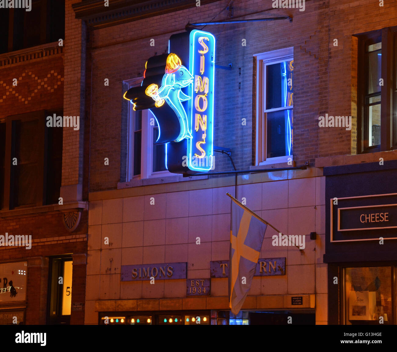 The 1934 neon sign with viking fish logo for Simon's pub in the north ...