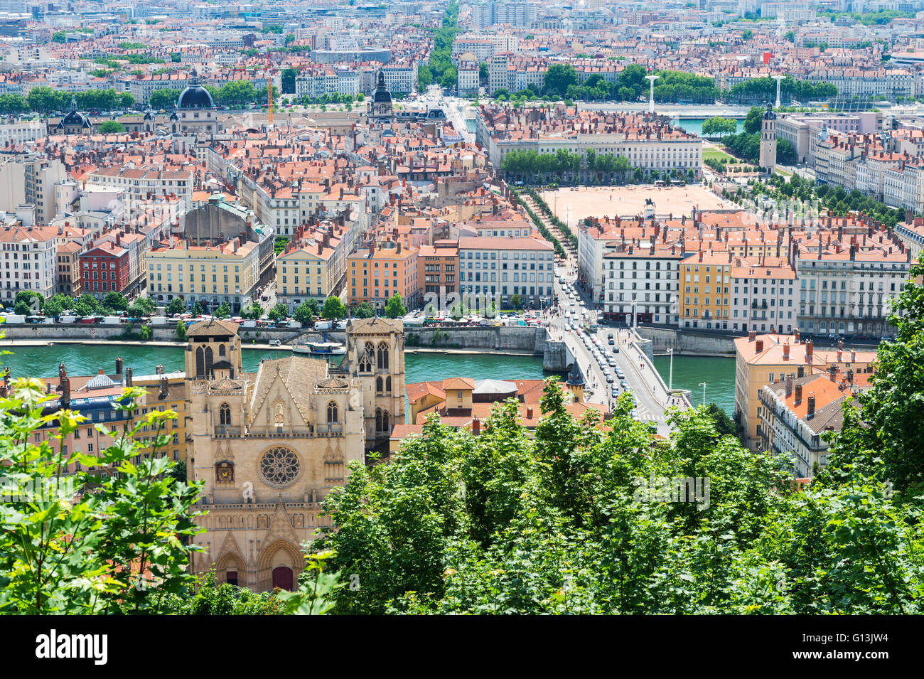 View over the Lyon Cathedral and the city from the Fourvière Hill, Lyon ...