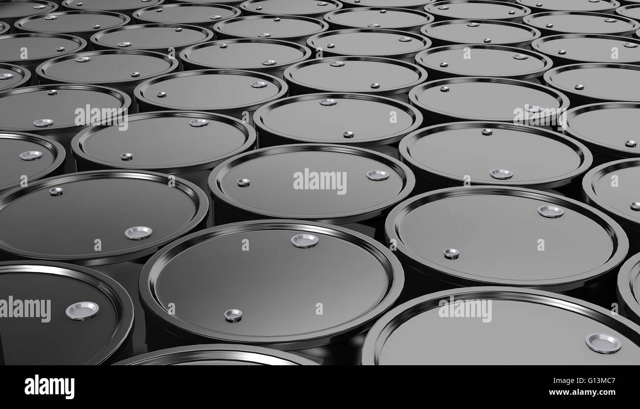 3D illustration of Black Metal Oil Barrels Background, Industrial ...