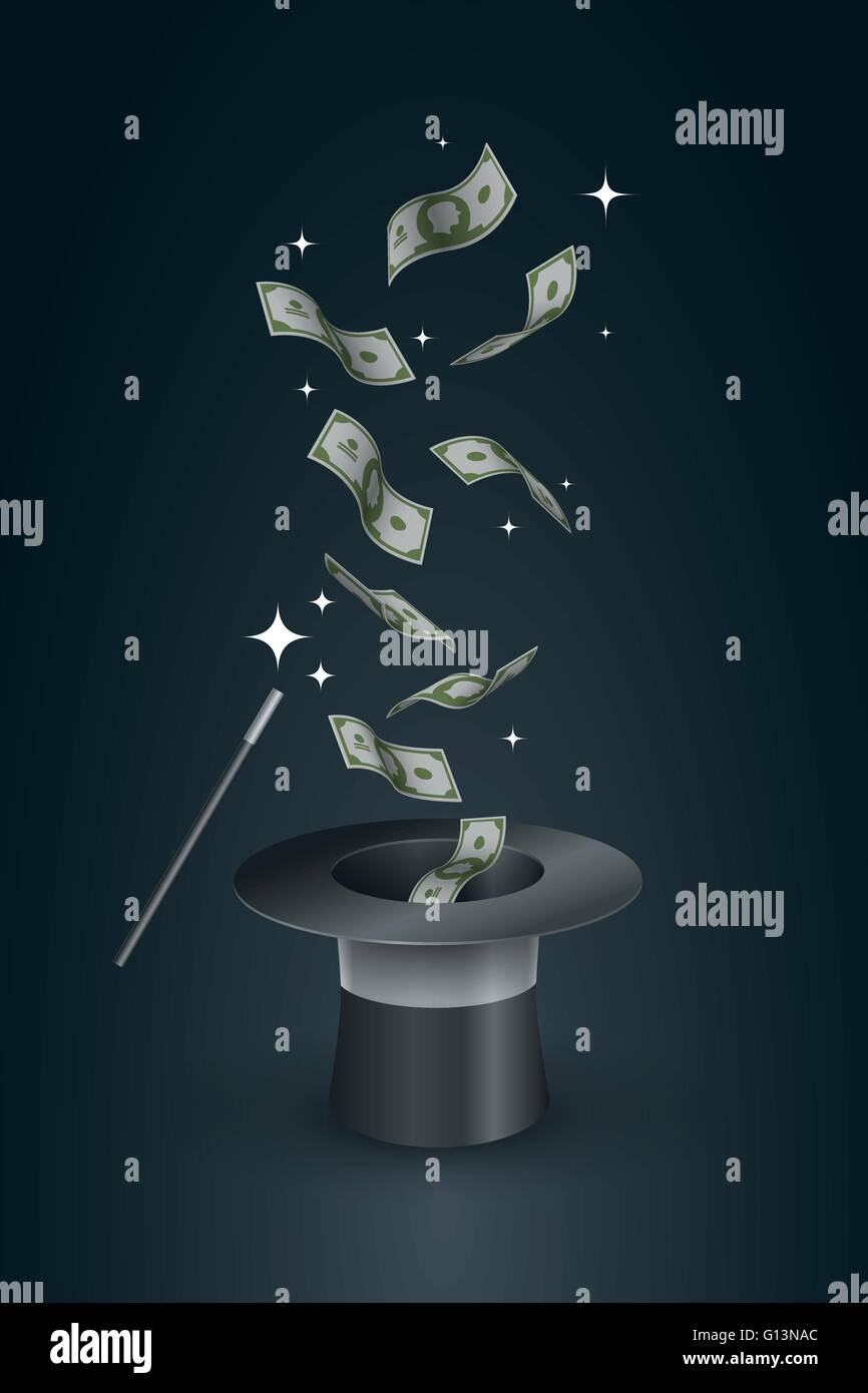 Money flying out the top hat. Magic trick concept vector illustration ...