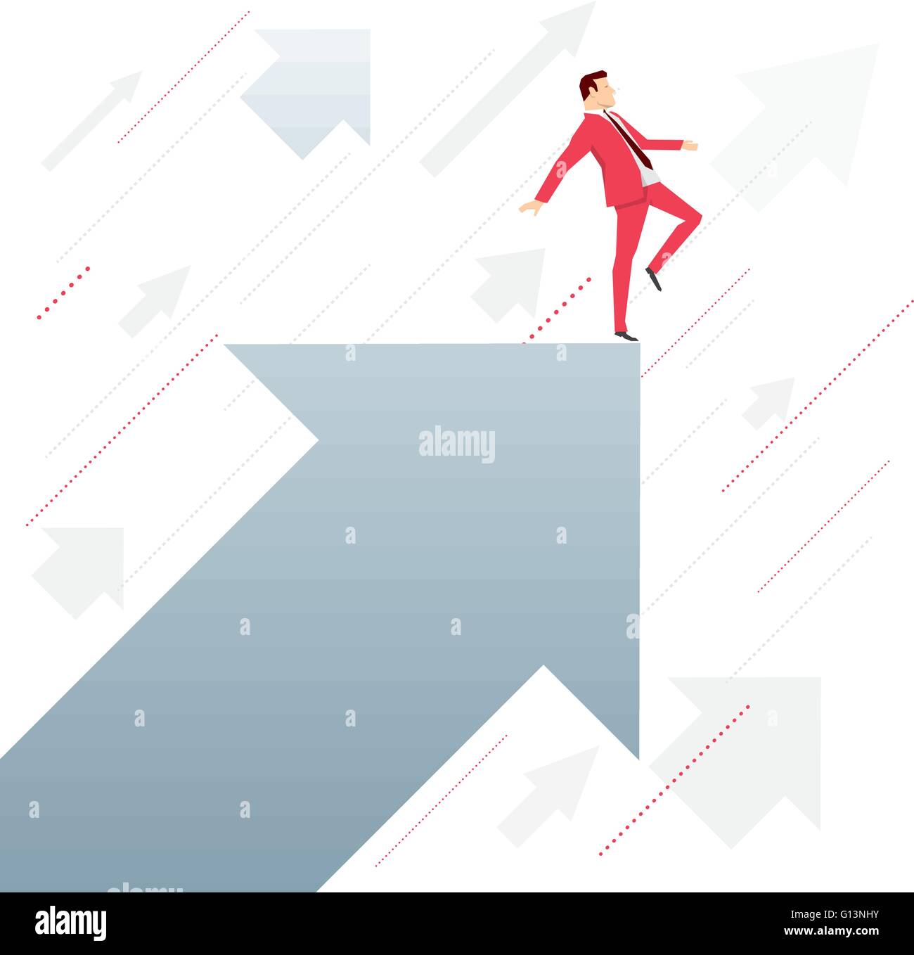 Red suit businessman standing on arrow like an acrobat. Vector concept ...