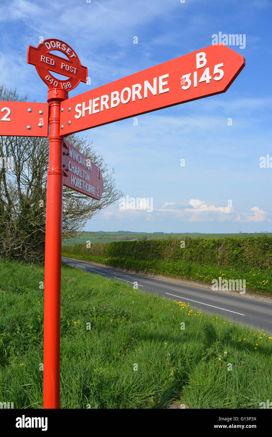 Dorset, Red Post. A restored red finger signpost located on the B3145 ...