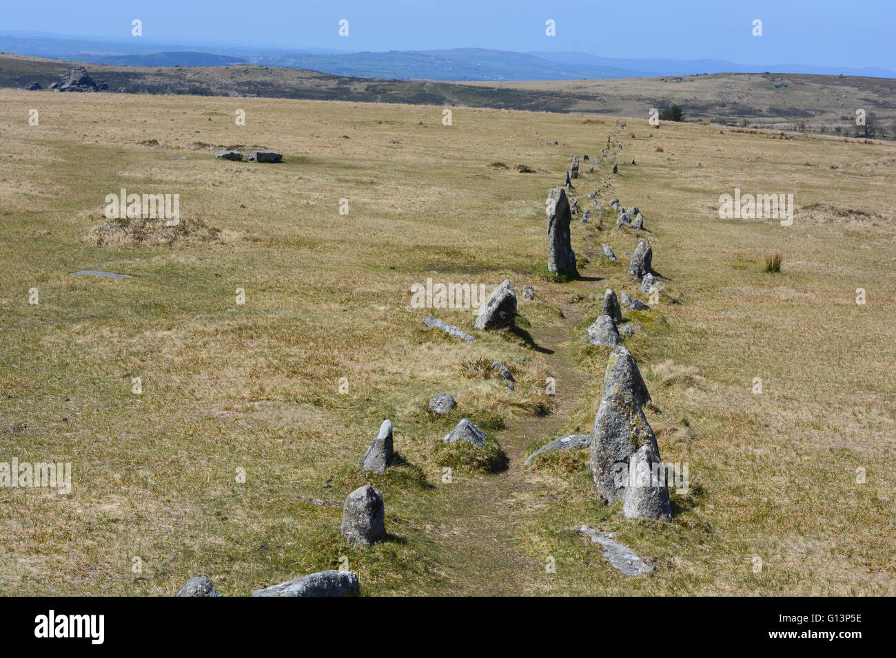 Southern Stone Row at Merrivale, Dartmoor National Park, Devon. A cairn ...