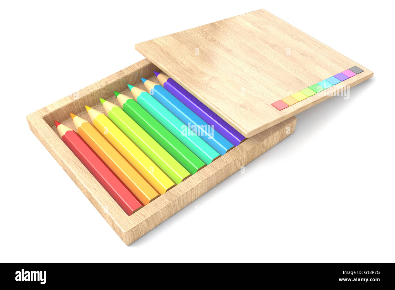 Wooden box with colorful pencils. 3D render illustration isolated on ...