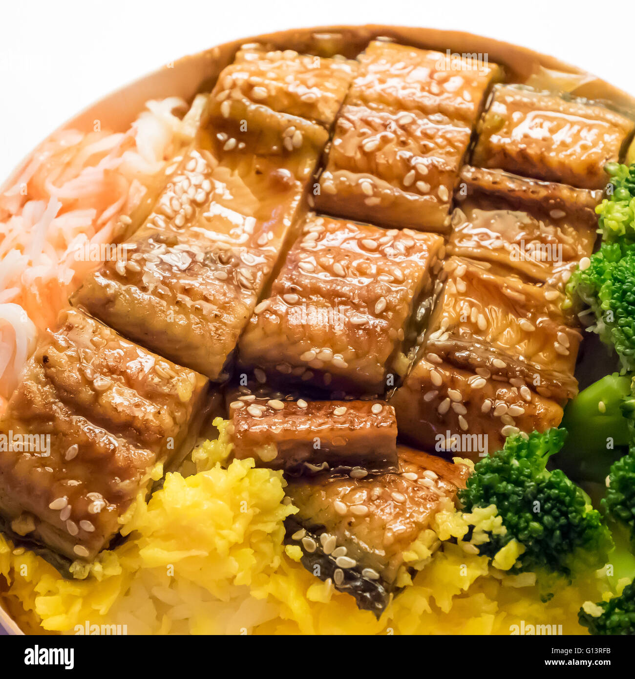 The close up of Japanese grilled eel and rice on bowl set Stock Photo ...