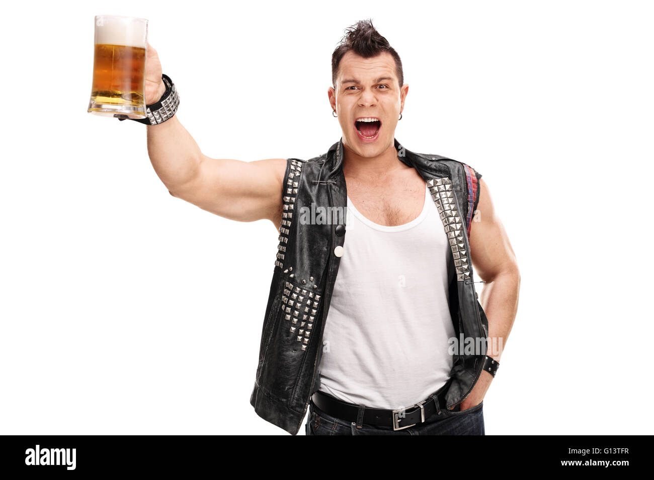 Young punk rocker holding a pint of beer and shouting isolated on white ...