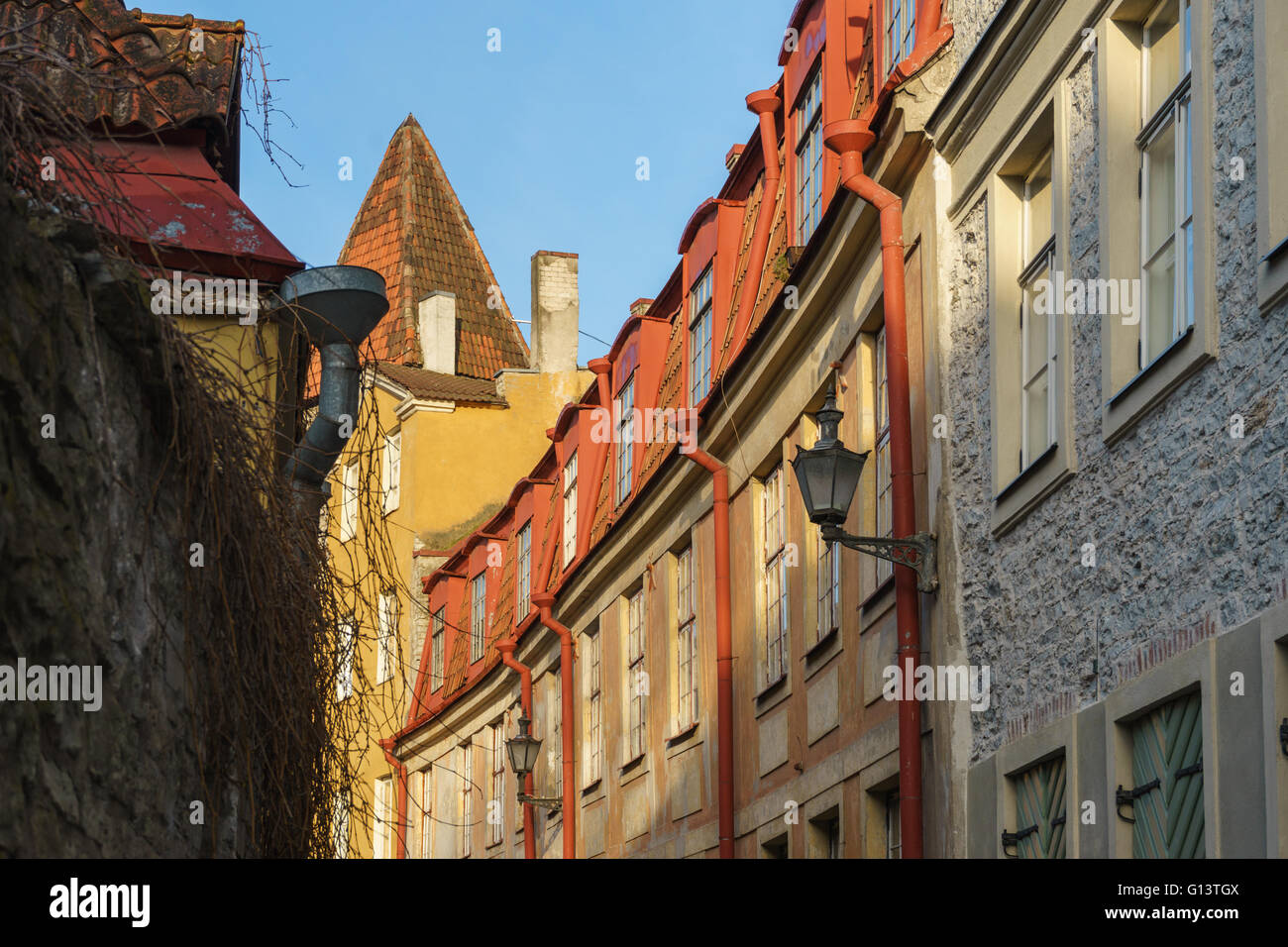 Traditional house facades in Old town street of Tallinn city, Estonia ...