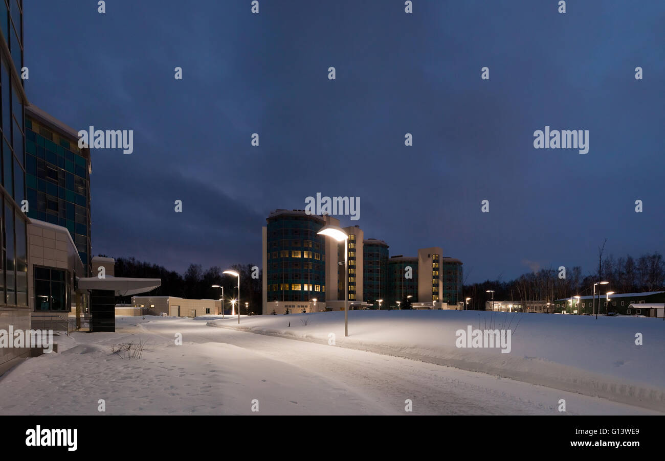 Street lamps of the office complex. Lighting supports and lamps. Winter ...