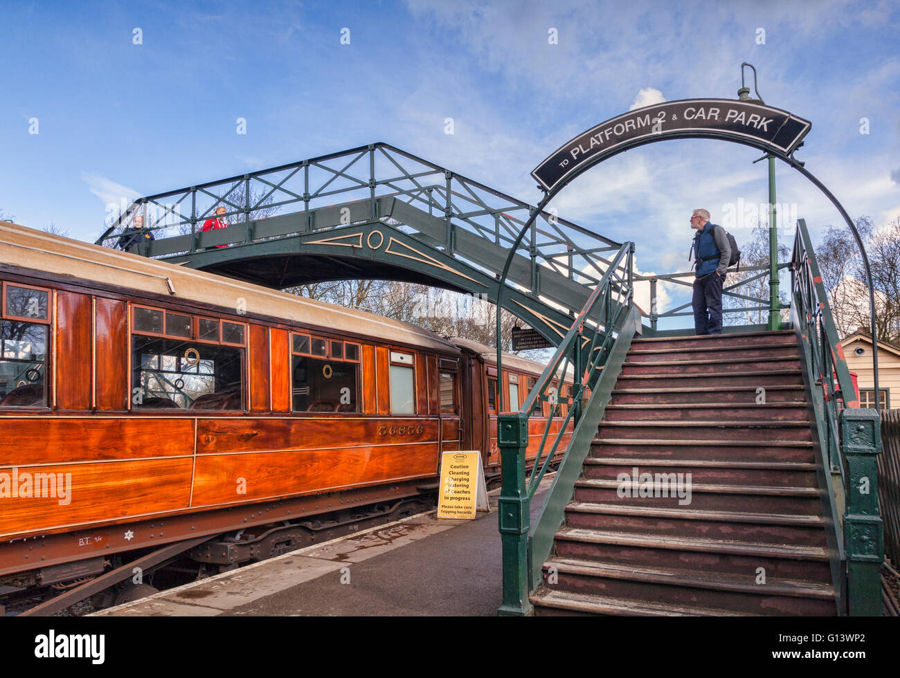 Footbridge and railway carriage at Pickering Railway Station, North ...