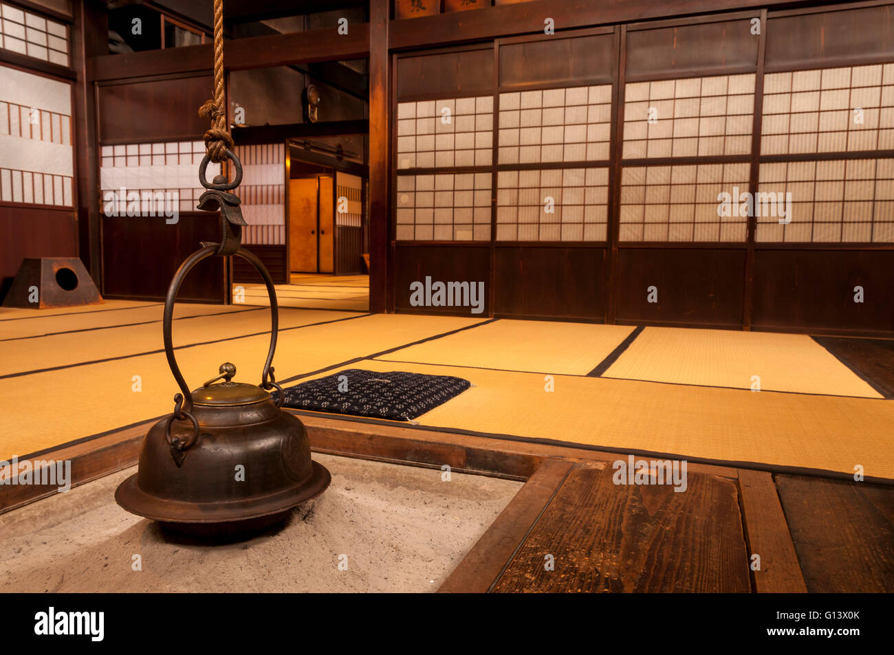 Traditional japanese home interior with tea pot over fireplace Stock ...